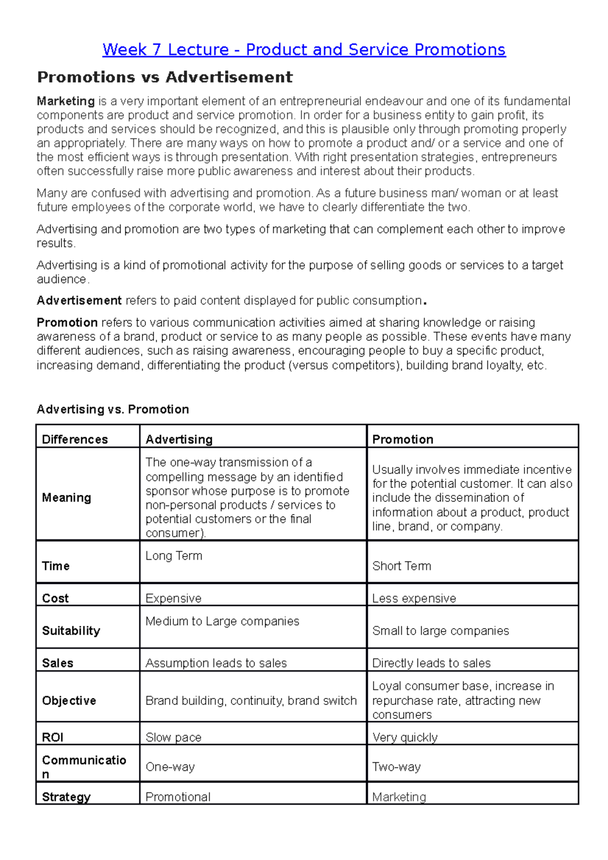 ICTE - notes - Week 7 Lecture - Product and Service Promotions ...