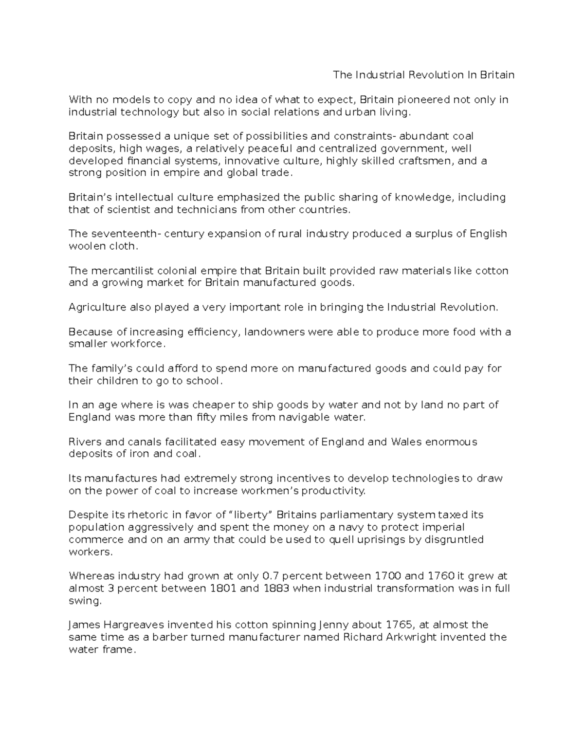 The Industrial Revolution In Britain Word - The Industrial Revolution ...