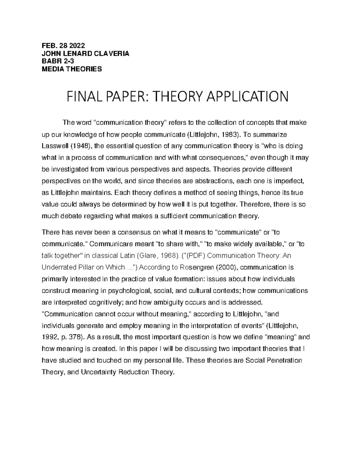 Final Paper Theory application - FEB. 28 2022 JOHN LENARD CLAVERIA BABR ...