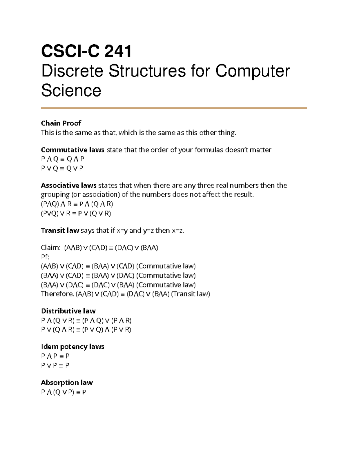 Propositional Logic 114 Equivalence Proof Csci C 241 Discrete Structures For Computer Science
