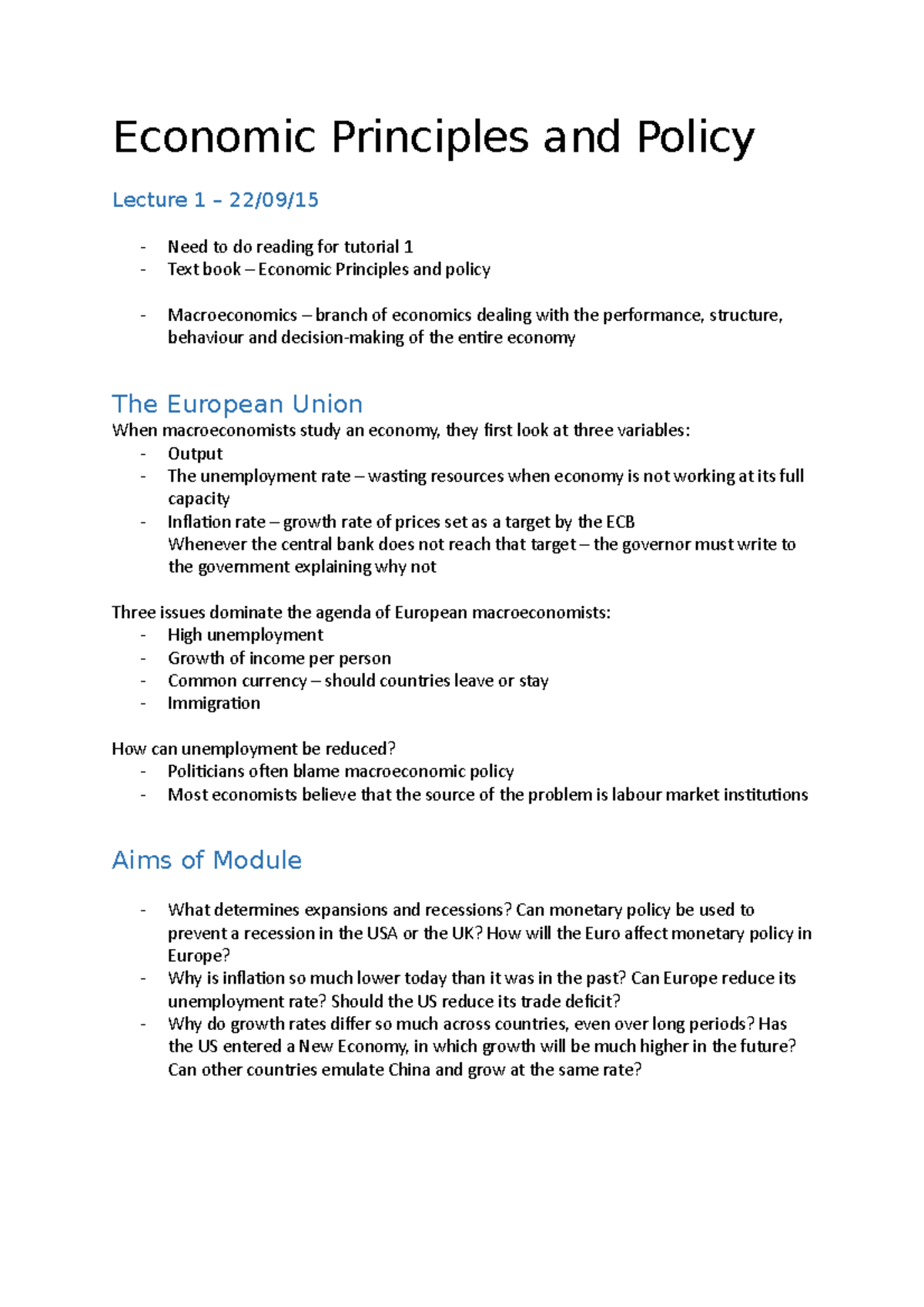 Lecture 1 22:09:15 - Economic Principles and Policy Lecture 1 – 22/09 ...