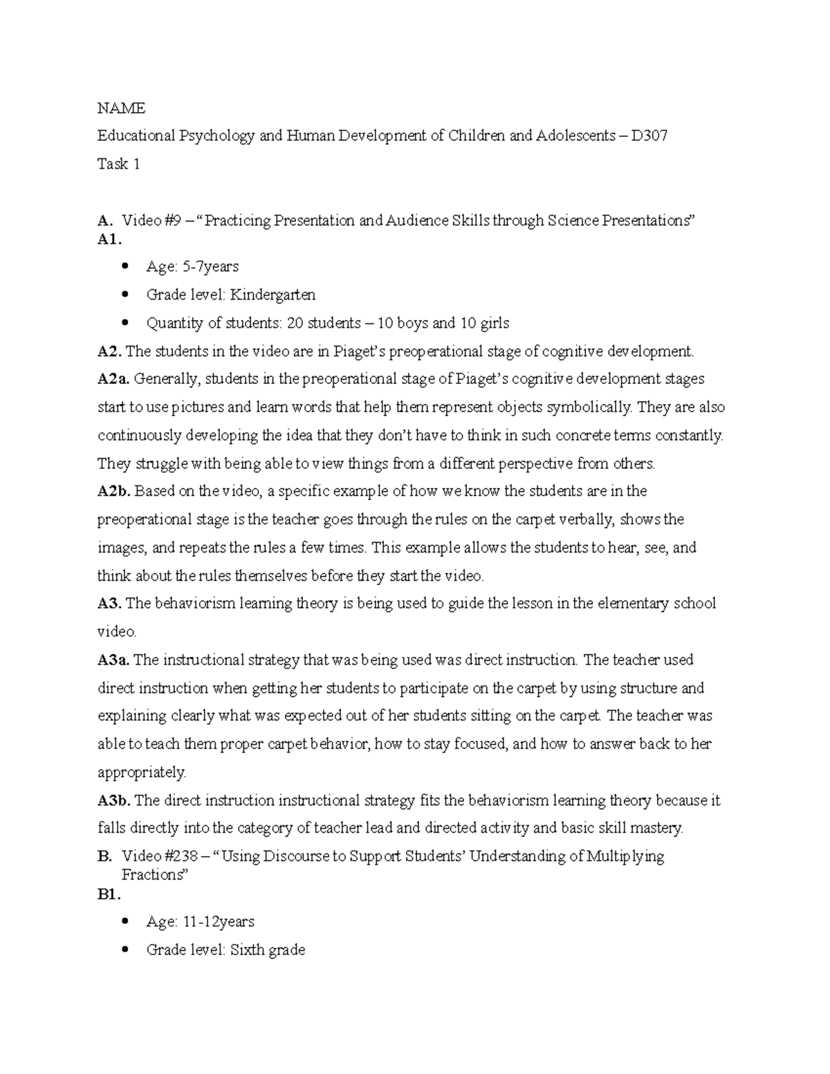 Task 1 - Psych Passed Assignment - NAME Educational Psychology and ...