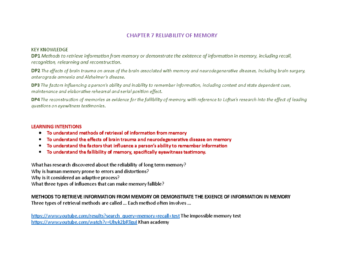 Chapter 7 Reliability OF Memory - CHAPTER 7 RELIABILITY OF MEMORY KEY ...