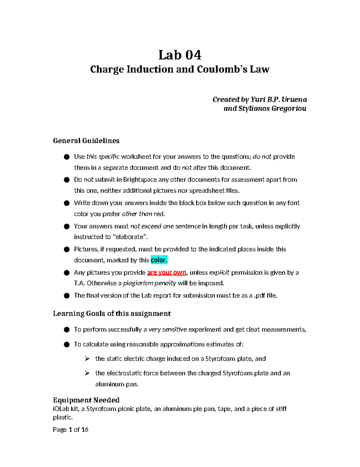 PHYS272 Lab04Completed2024SummerOnlineByYuriBandStylianosGMagnet - Lab 04 Charge Induction and ...