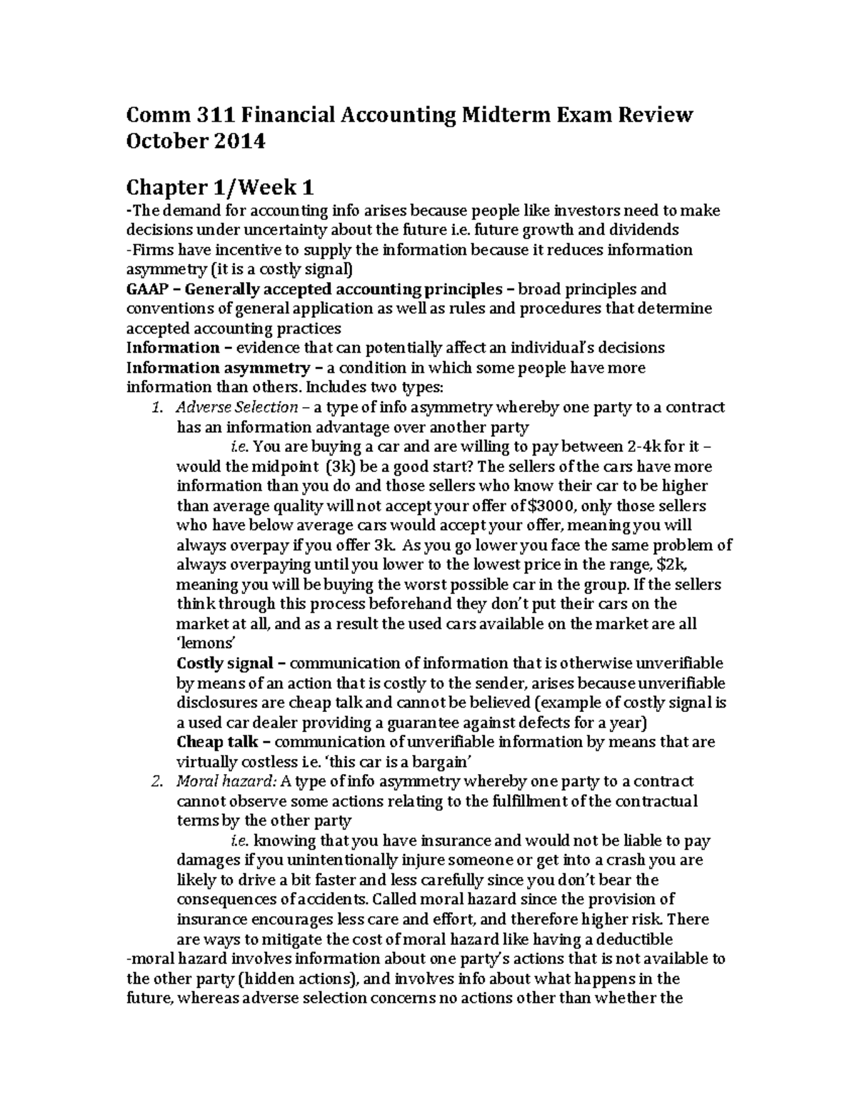 Lecture Notes, Lecture All, Final Exam Review - Comm 311 Financial ...