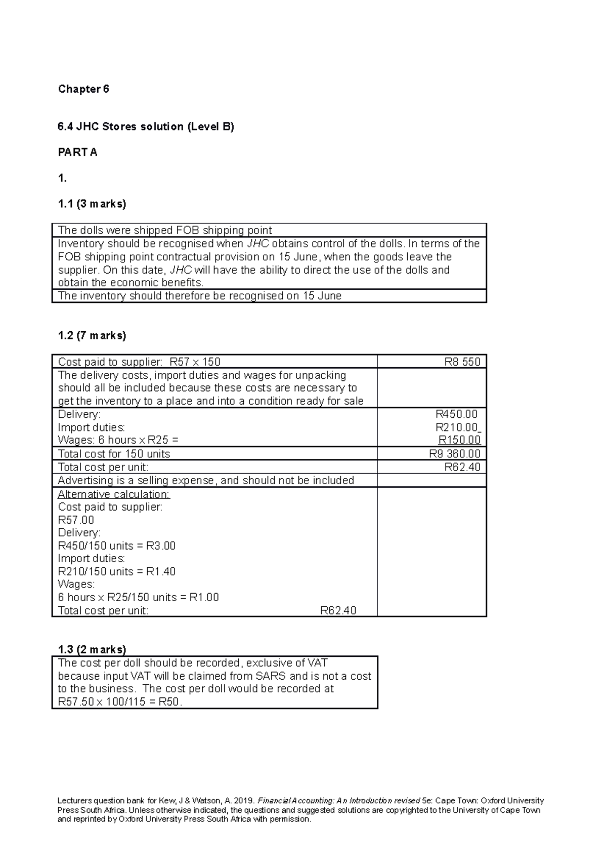 2022 Tutorial Question 6.4 Solution (1 - Chapter 6 6 JHC Stores ...
