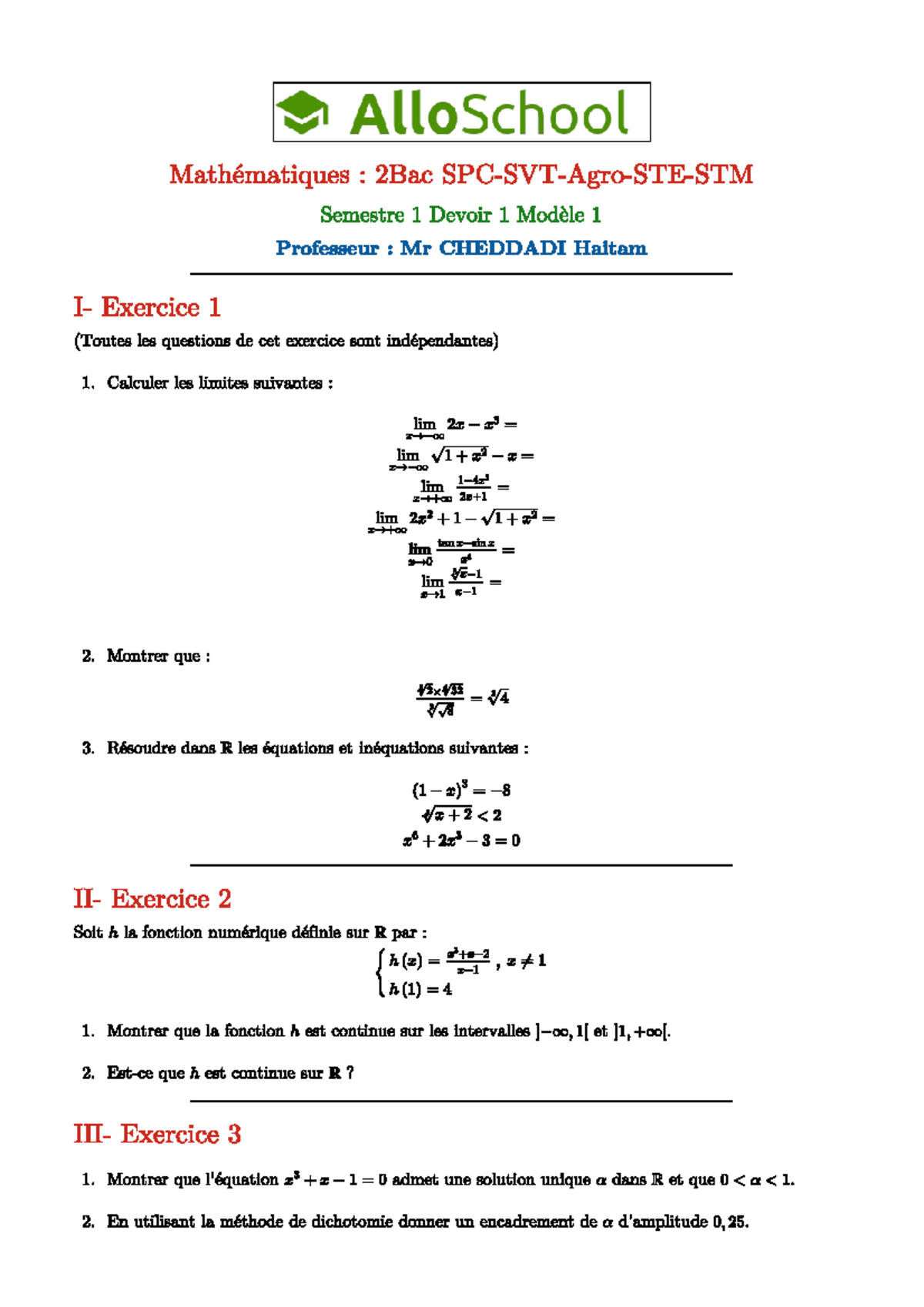 Math 2bac spc semestre 1 devoir 1 modele 1 - Matemáticas - Studocu