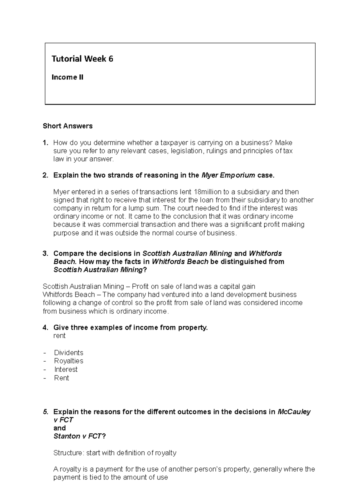 Wk 6Tutorial Questions - Tutorial Week 6 Income II Short Answers How do ...