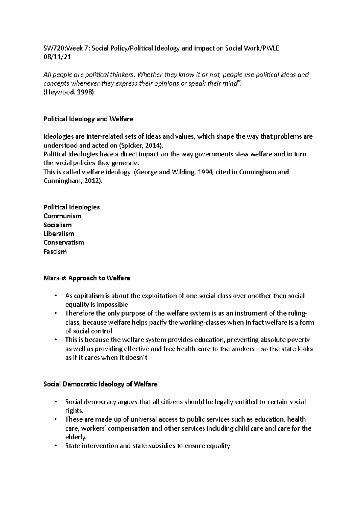 SW720 notes - SW720:Week 7: Social Policy/Political Ideology and impact ...