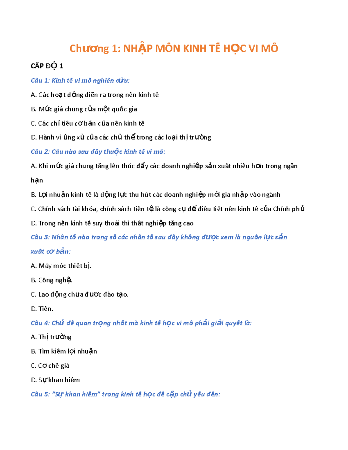 KTVM - Trắc nghiệm Kinh tế Vi mô có Đáp án - Ch ương 1: NH ẬP MÔN KINH TẾẾ H ỌC VI MÔ CẤẾP ĐỘ 1 ...