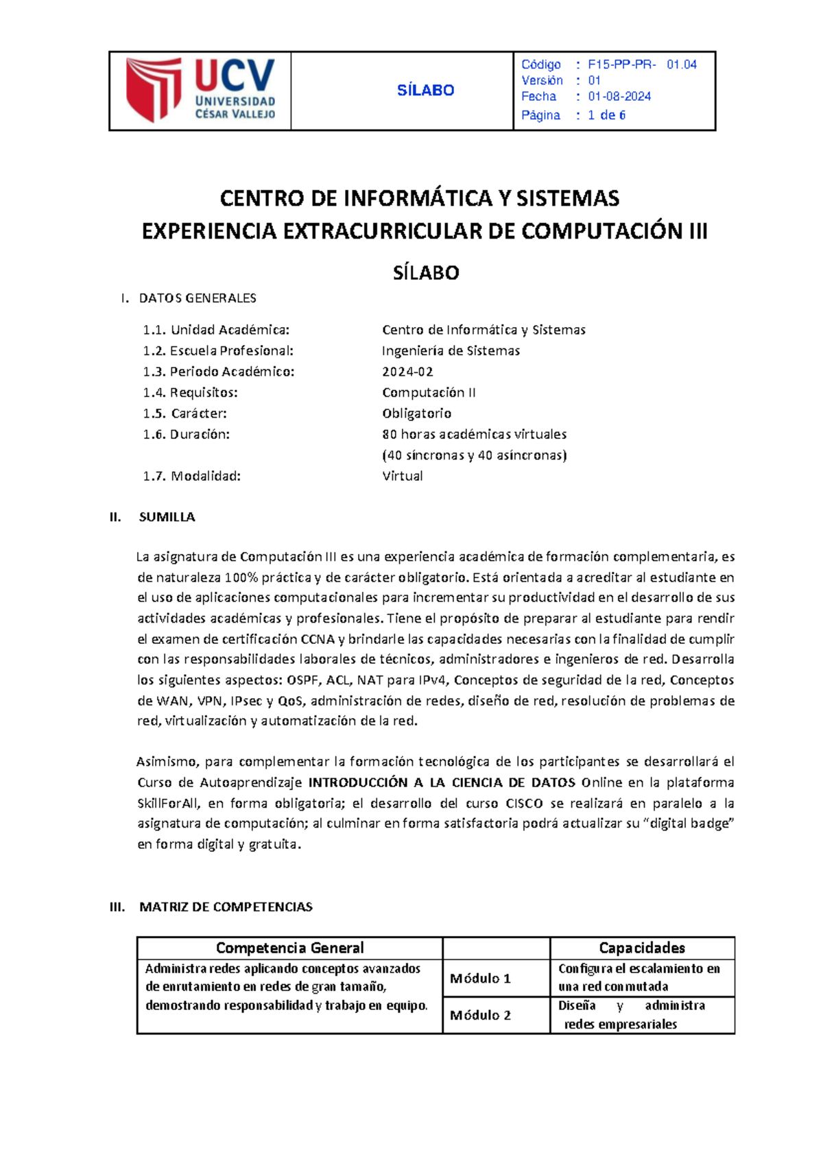 Silabo C3 - ING. SIST - ENSA V7 - I-2024 - SÍLABO Versión : 01 Fecha ...