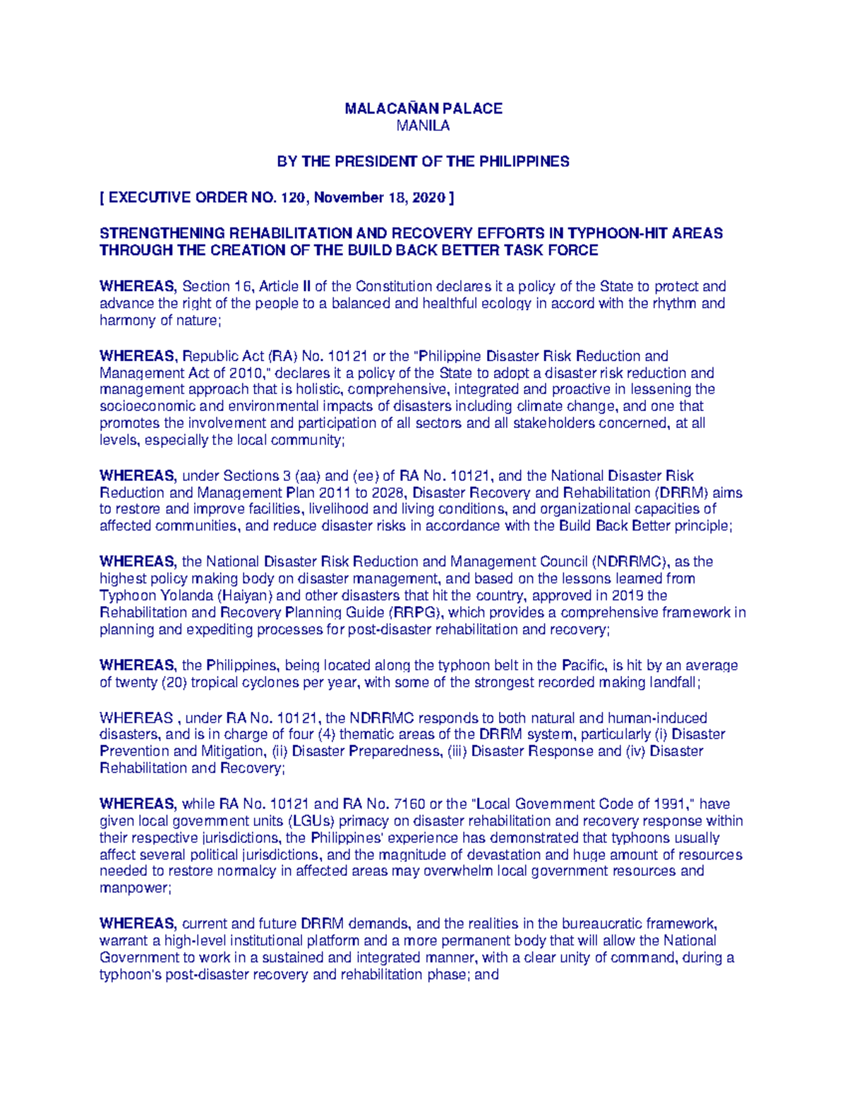 Executive Order NO. 120, November 18, 2020 - MALACAÑAN PALACE MANILA BY ...
