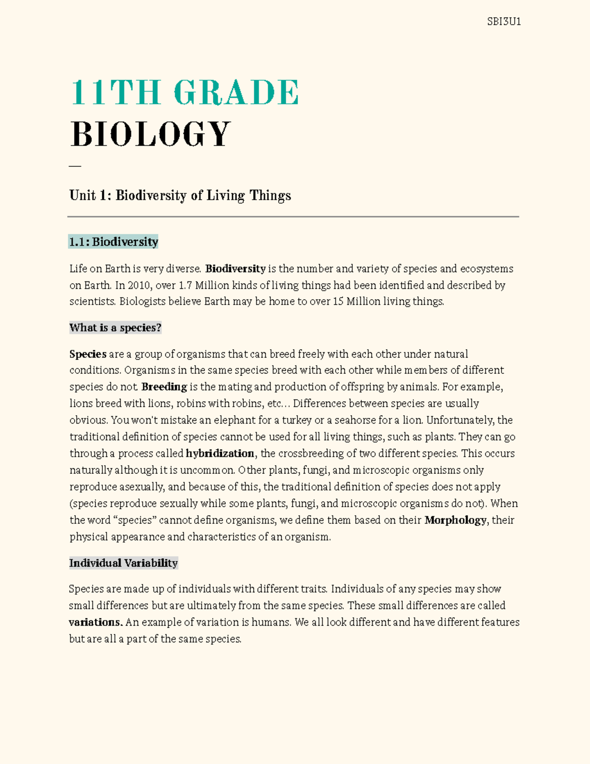 SBI3U - Biodiversity - SBI3U 11TH GRADE BIOLOGY ___ Unit 1 ...