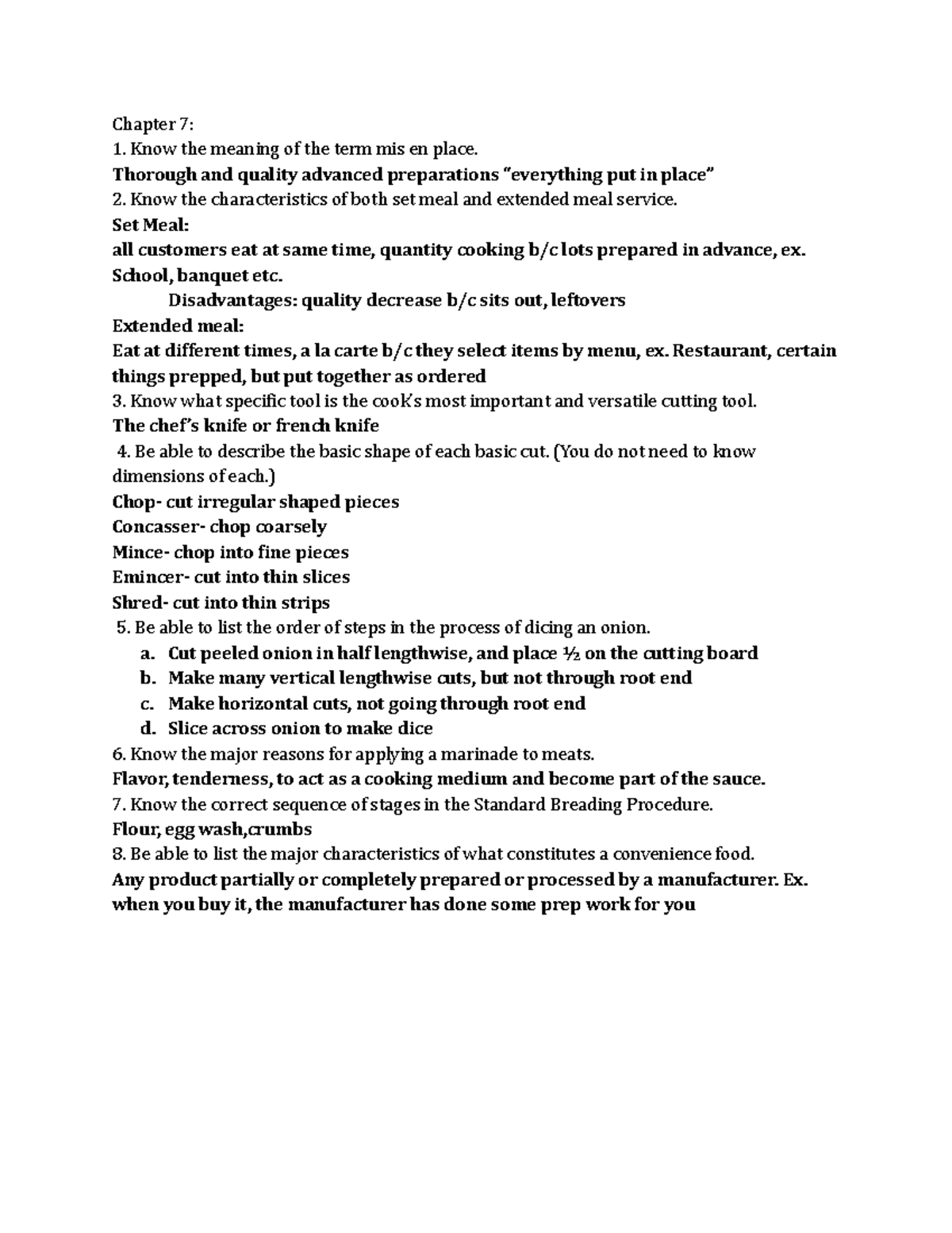 Test 2 Study Guide Know The Meaning Of The Term Mis En Place