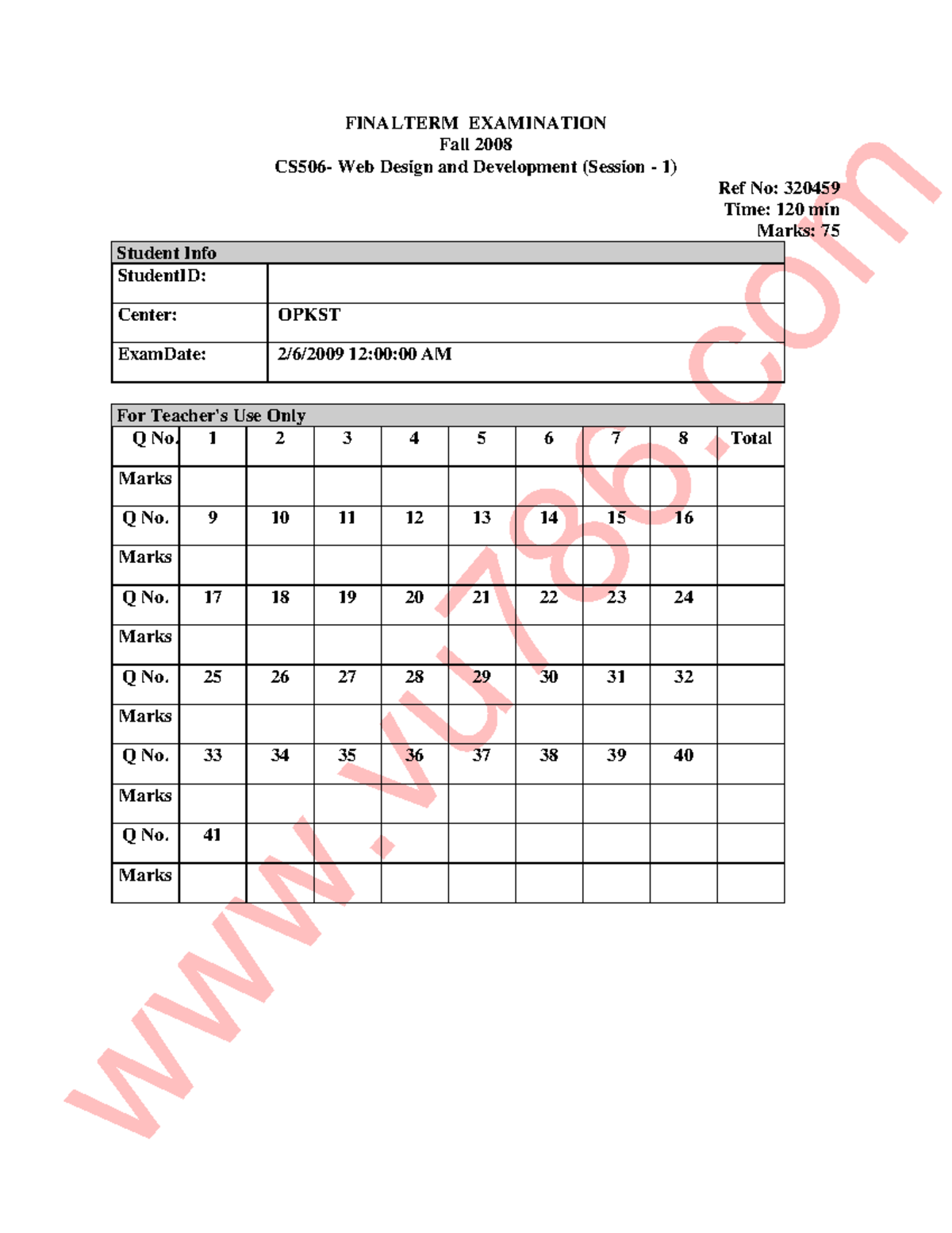 Cs506 final term 1 www - hbj - FINALTERM EXAMINATION Fall 2008 CS506 ...