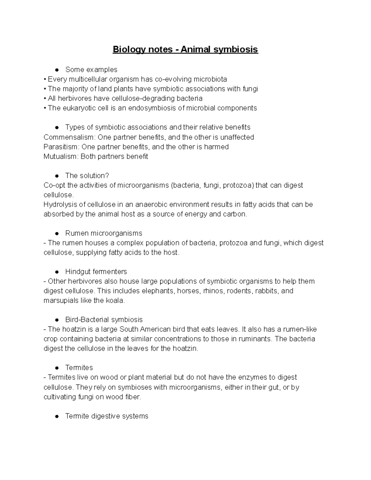 Biology notes - Animal symbiosis - Hydrolysis of cellulose in an ...