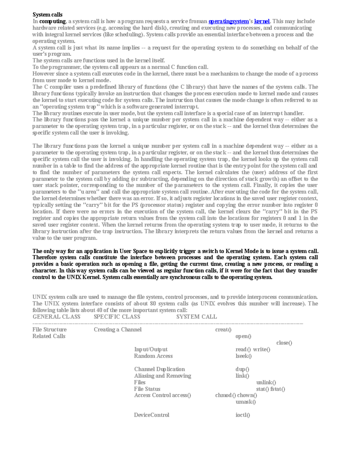 Unix Notes System Calls In Computing A System Call Is How A Program Requests A Service