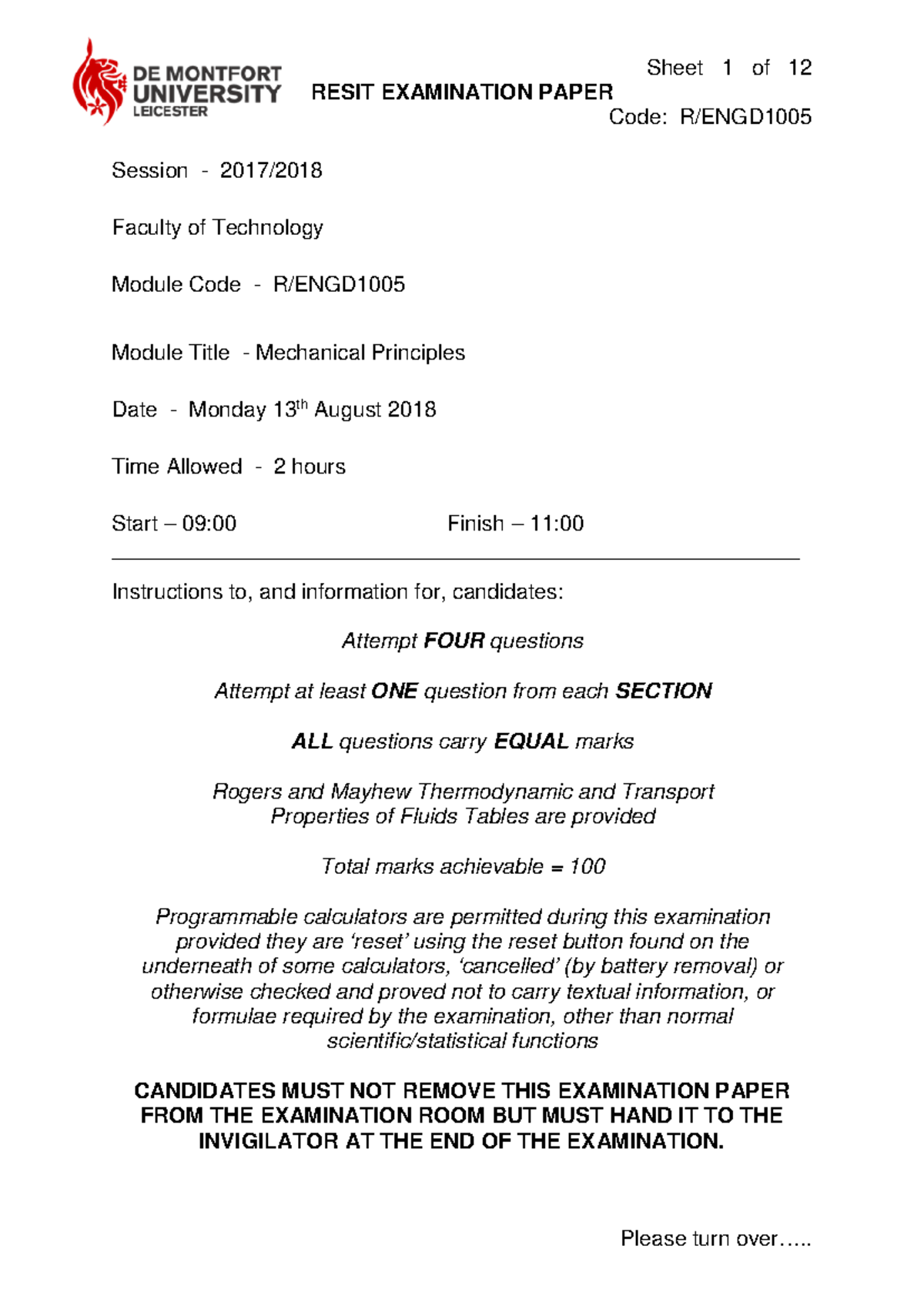 ENGD1005 2018 Resit Exam - Sheet 1 of 12 RESIT EXAMINATION PAPER Code ...
