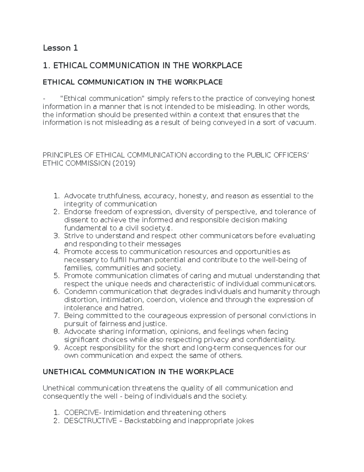 Lesson 1 - Lesson 1 1. ETHICAL COMMUNICATION IN THE WORKPLACE ETHICAL ...