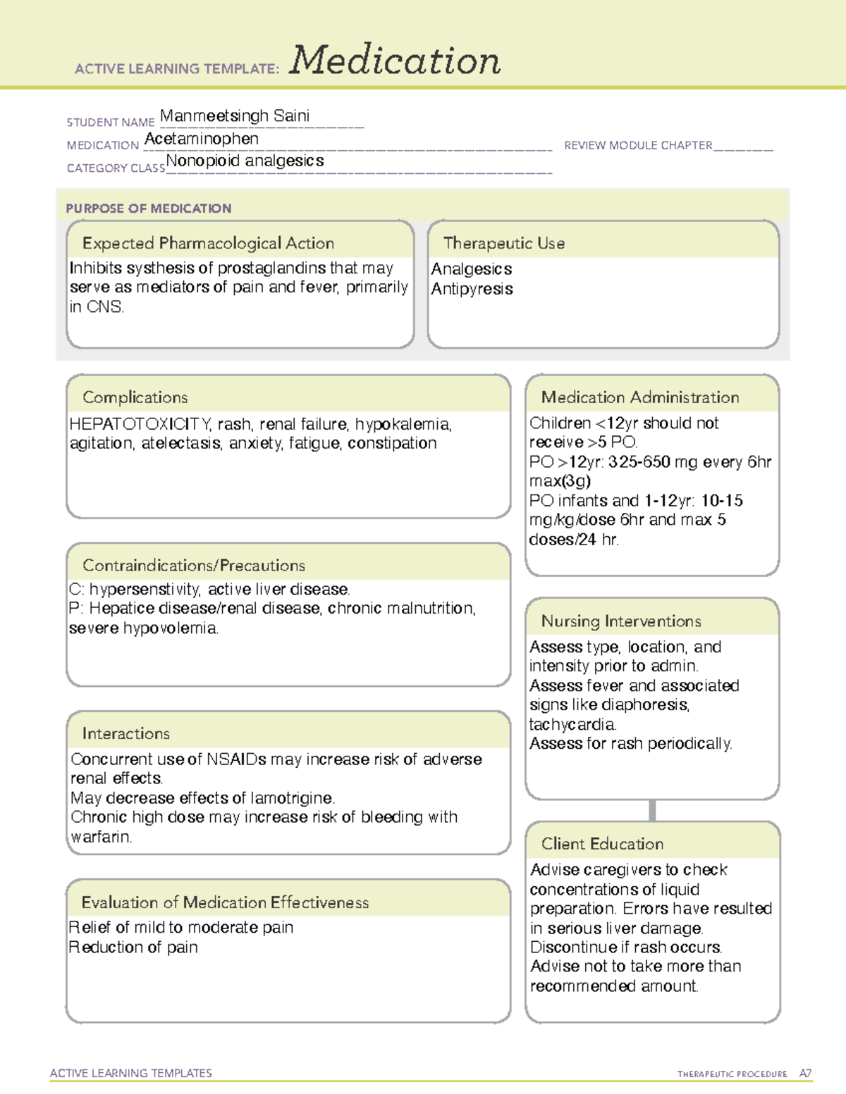Acetaminophen - ATI - ACTIVE LEARNING TEMPLATES THERAPEUTIC PROCEDURE A ...