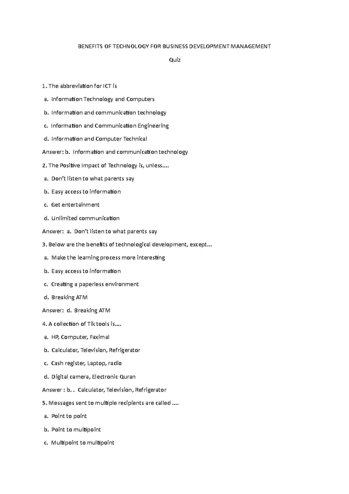 Benefits OF Technology FOR Business Development Management Quiz ...