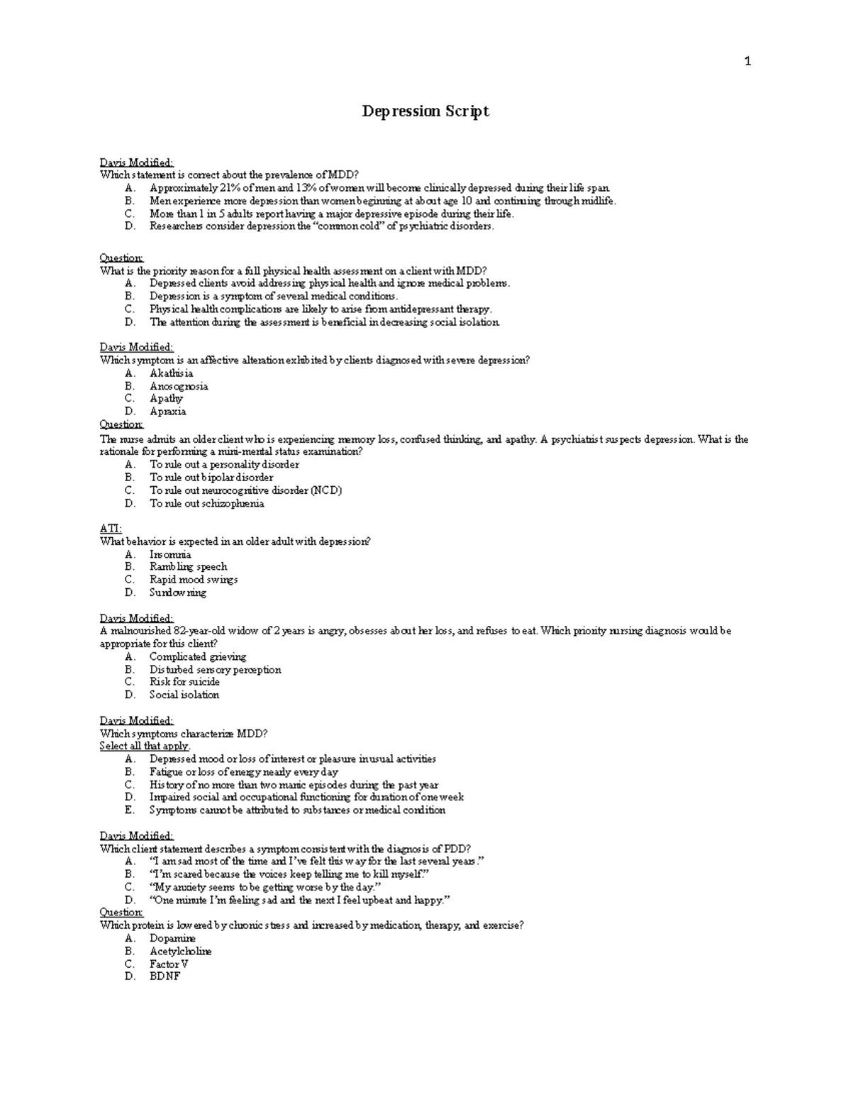 Depression Script with Answers - Depression Script Davis Modified ...