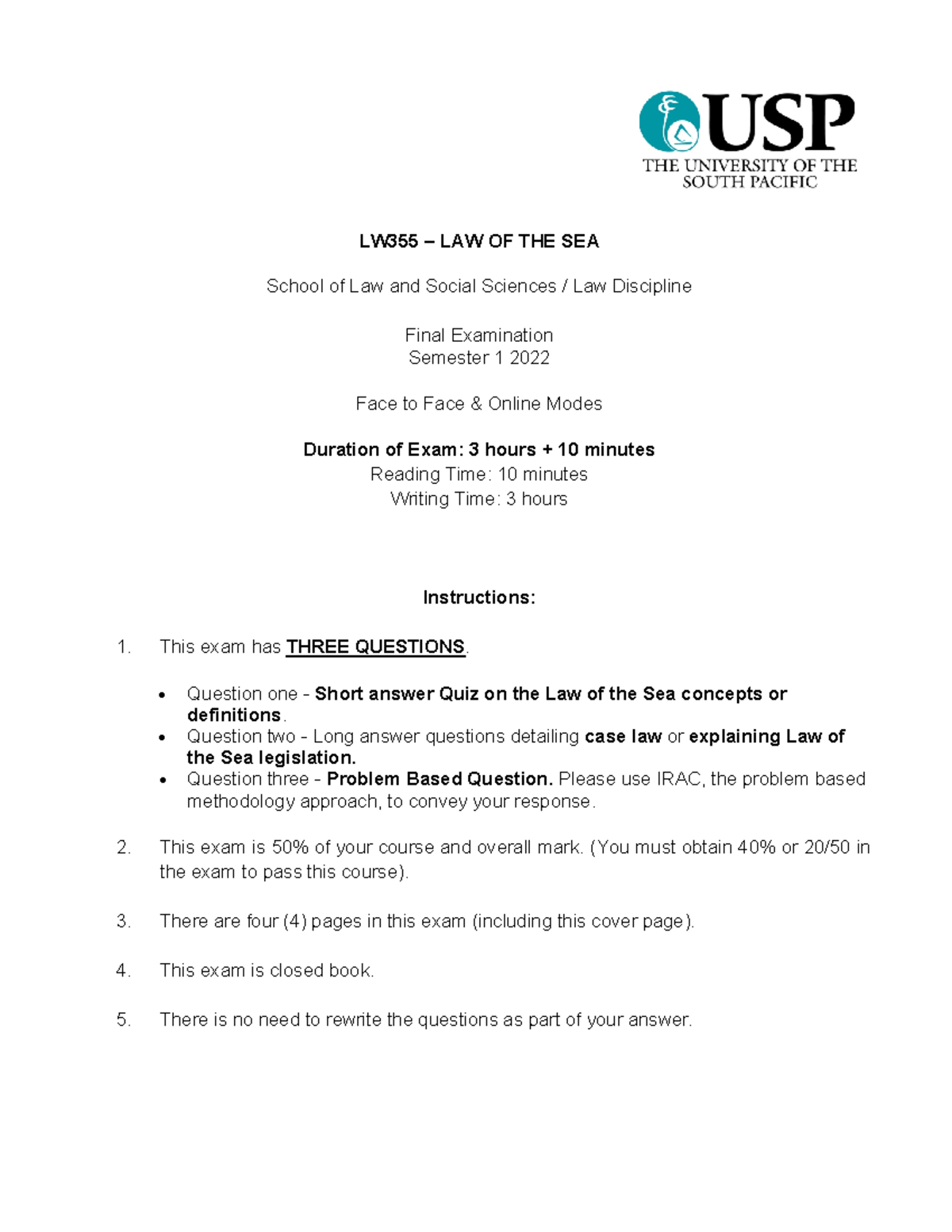 LW355 Exam - ksjbkjhDNXLhjdjk - LW355 – LAW OF THE SEA School of Law and Social Sciences / Law ...