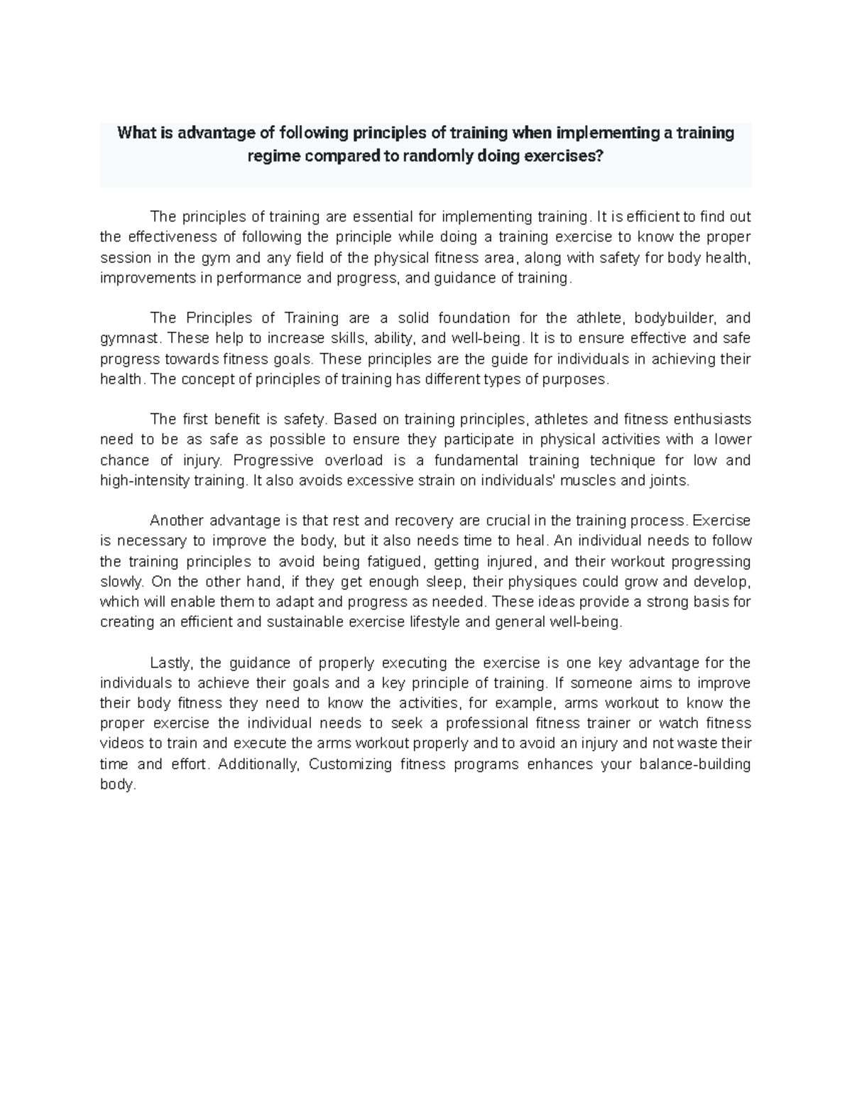 The advantage of following principles of training Reflection P.E 1 ...