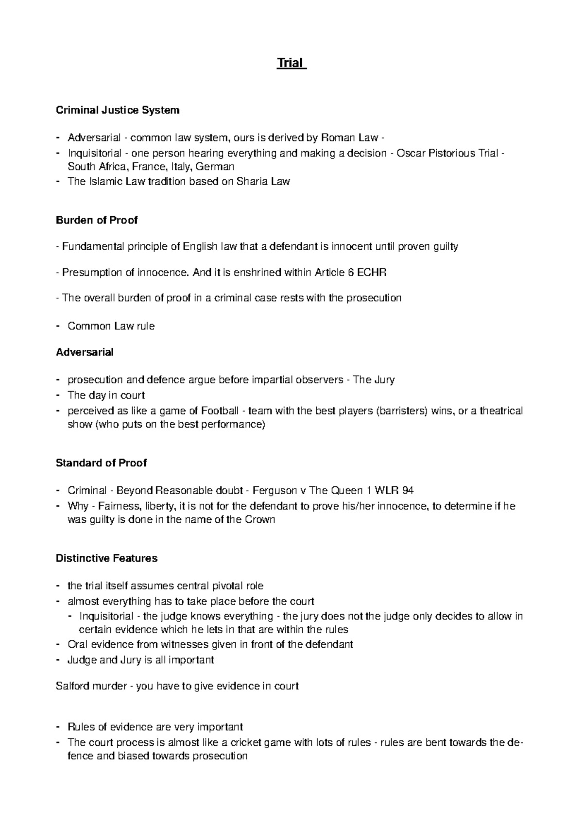 Trial - Lecture notes 2 - Trial Criminal Justice System Adversarial ...