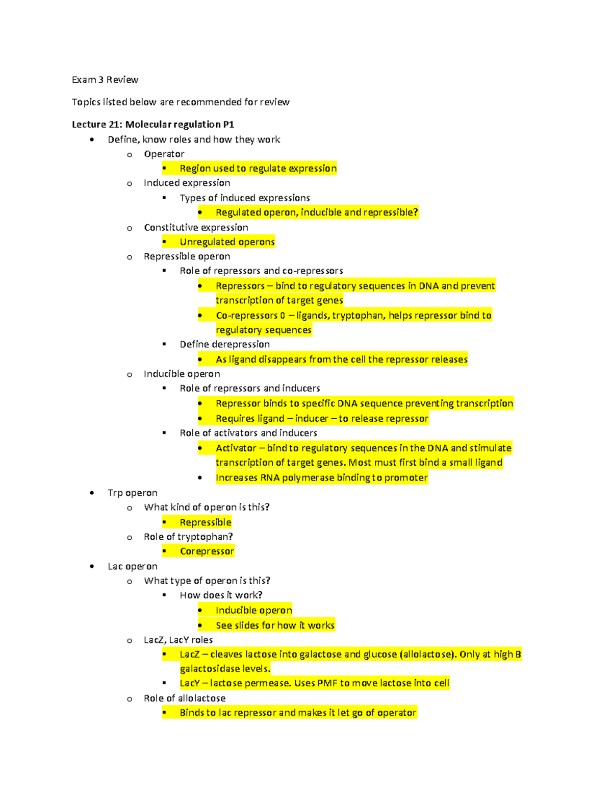 Lecture 21 Review pdf - Exam 3 Review Topics listed below are recommended for review Lecture 21 ...
