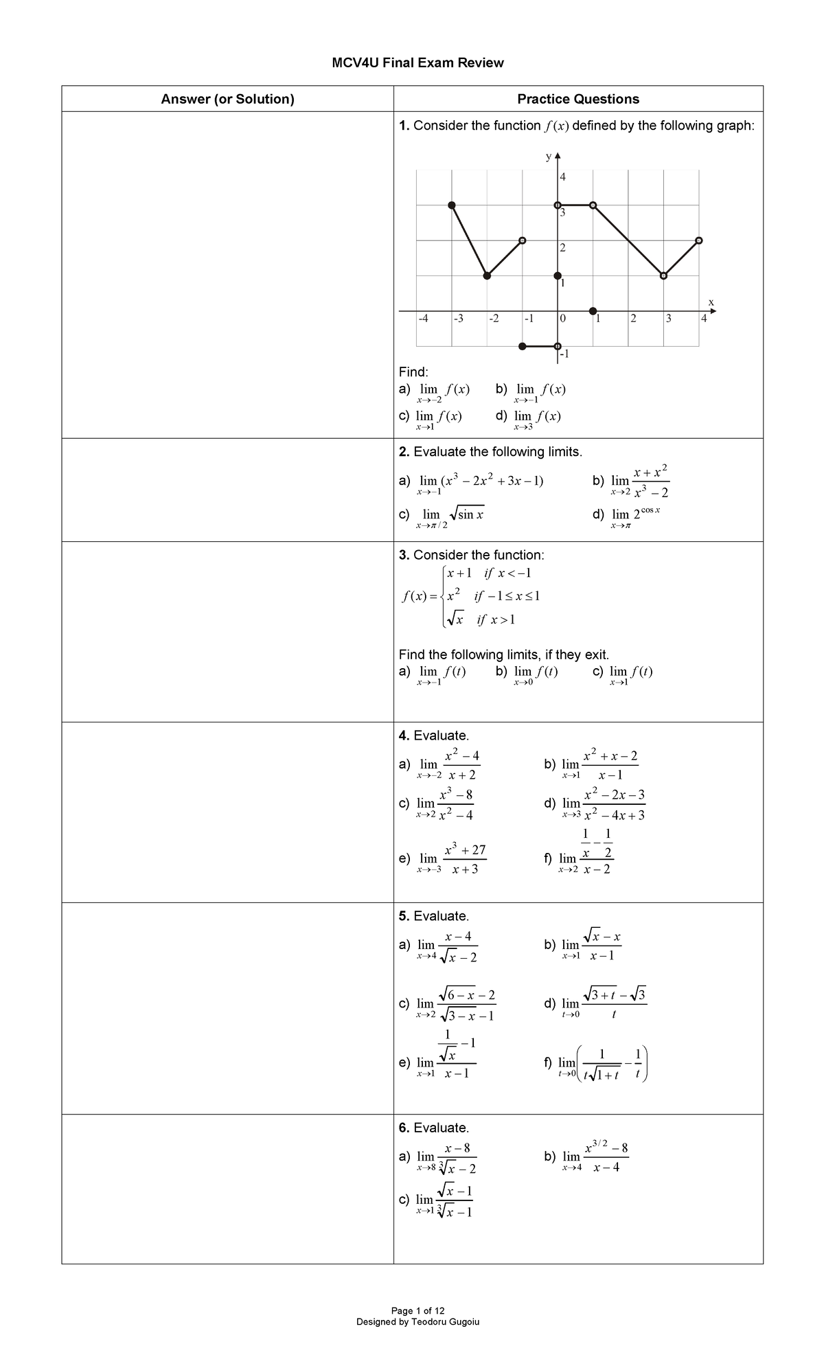 MCV4U Final Exam Review-2 - Page 1 of 12 MCV4U Final Exam Review Answer ...