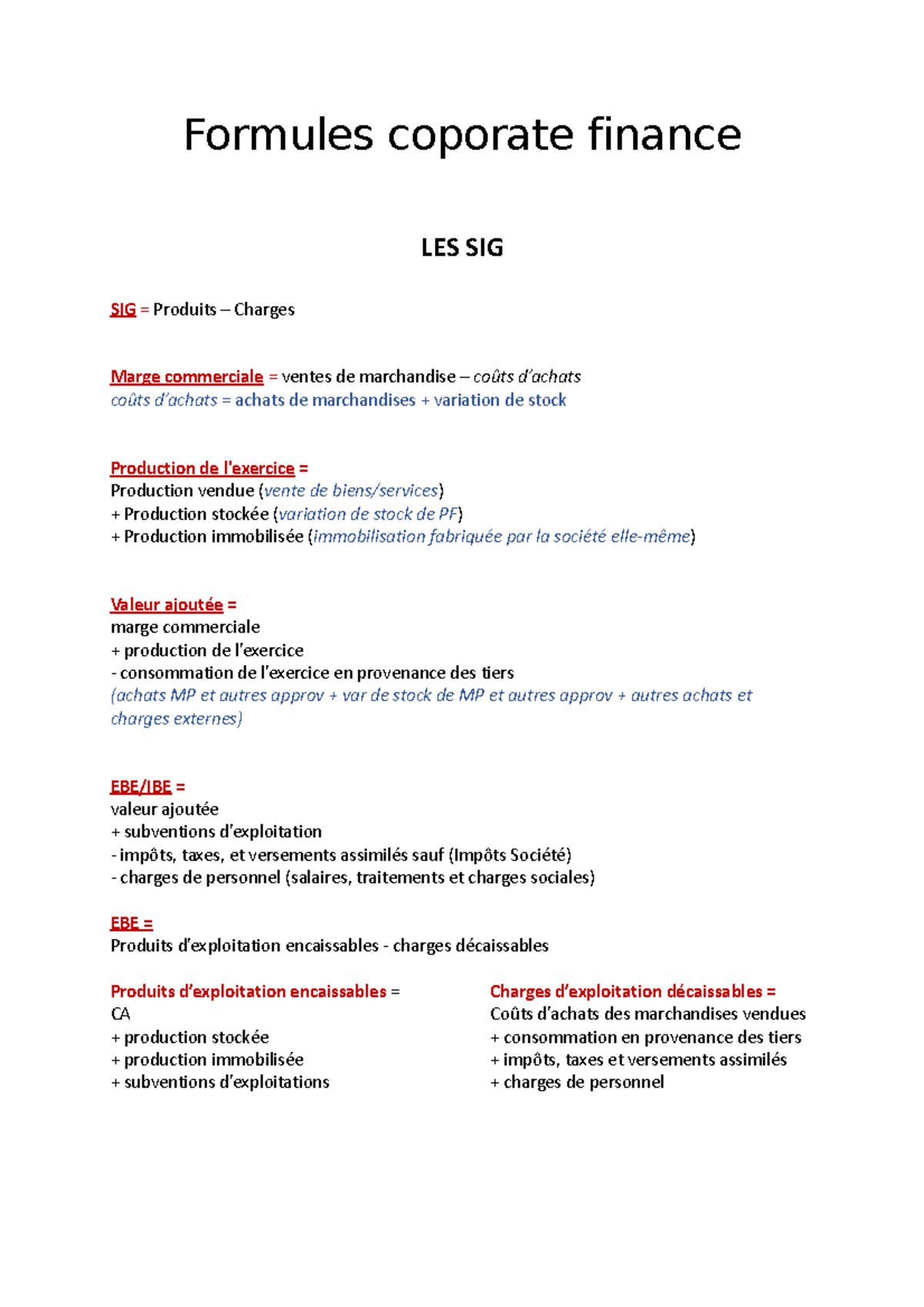 Formules Corporate Finance - Formules coporate finance LES SIG SIG ...