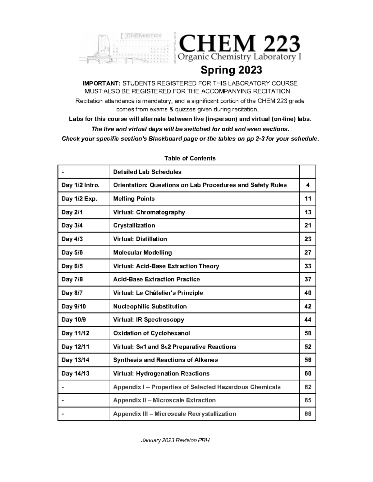 CHEM 223 Lab Manual S23 - January 2023 Revision PRH Spring 2023 ...