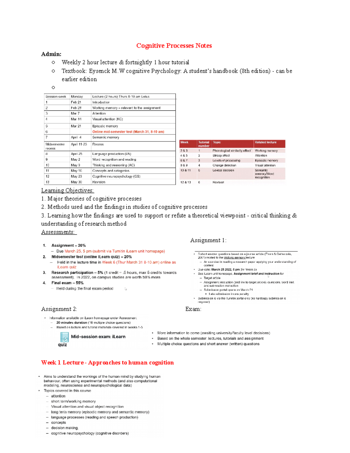Cognitive Processes Notes 2246 - Cognitive Processes Notes Admin ...