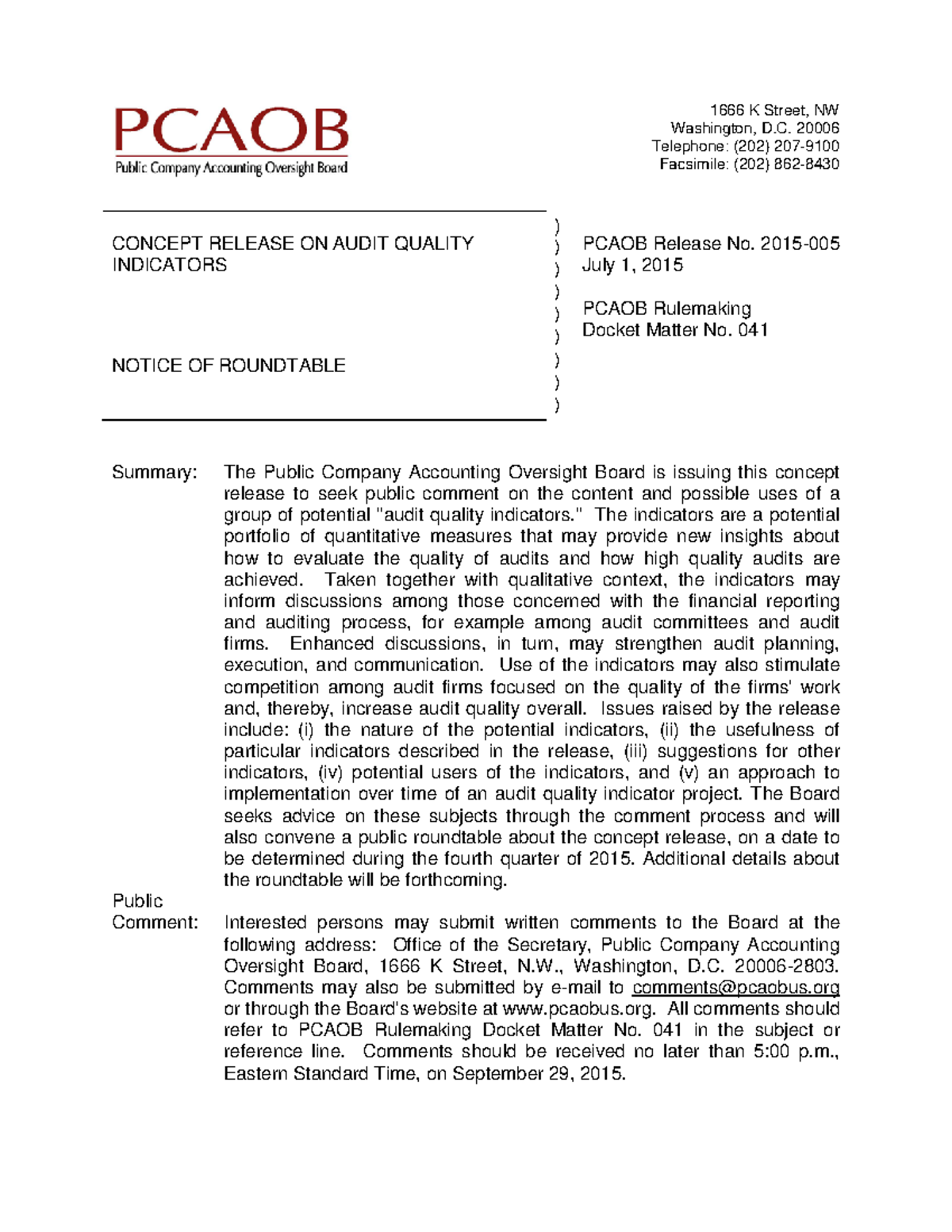 Release 2015 005 - Audit Quality Indicators (AQIs) - 1666 K Street, NW ...