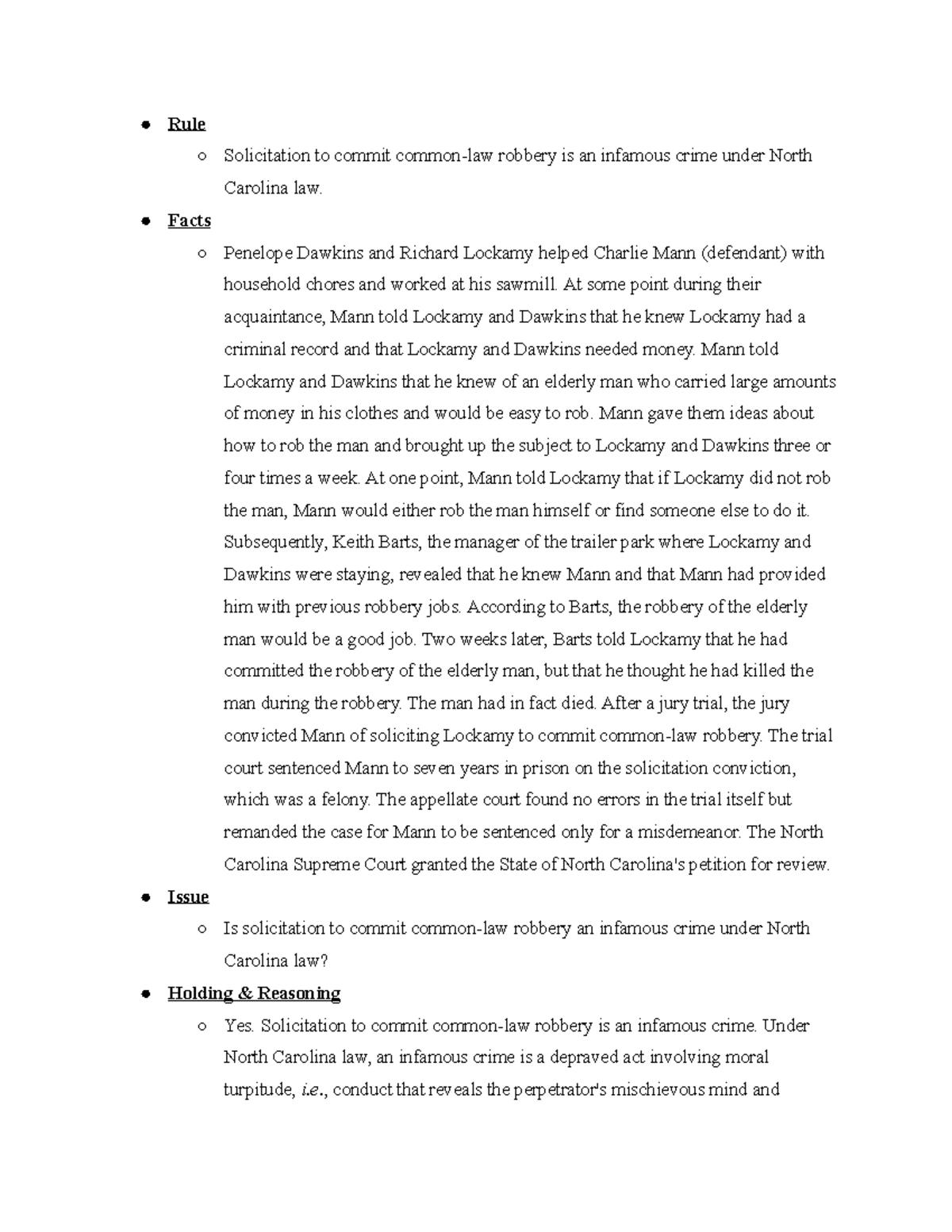 Criminal Law 2022- State v. Mann - Rule Solicitation to commit common ...