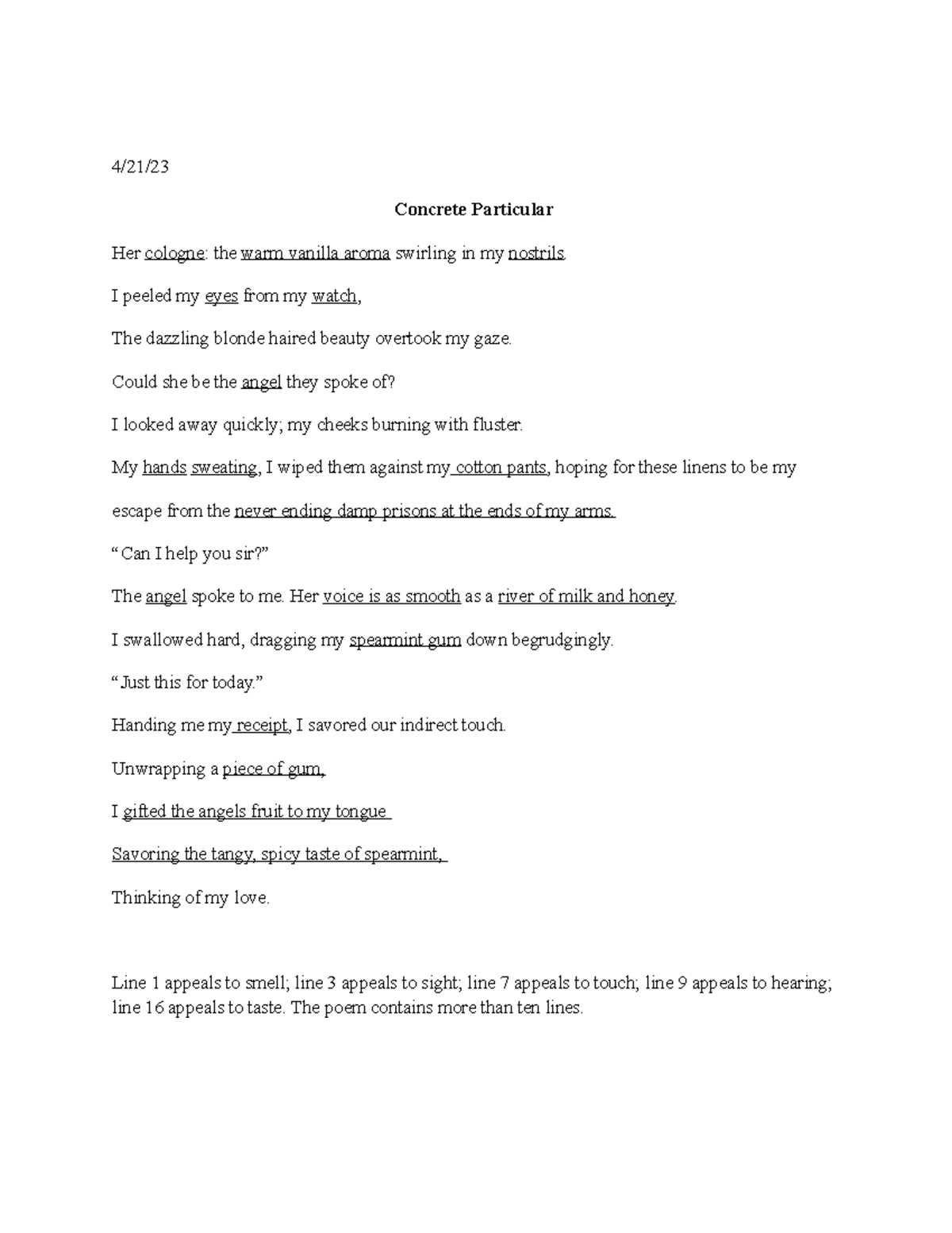 Poem number nine - 4/21/ Concrete Particular Her cologne: the warm ...