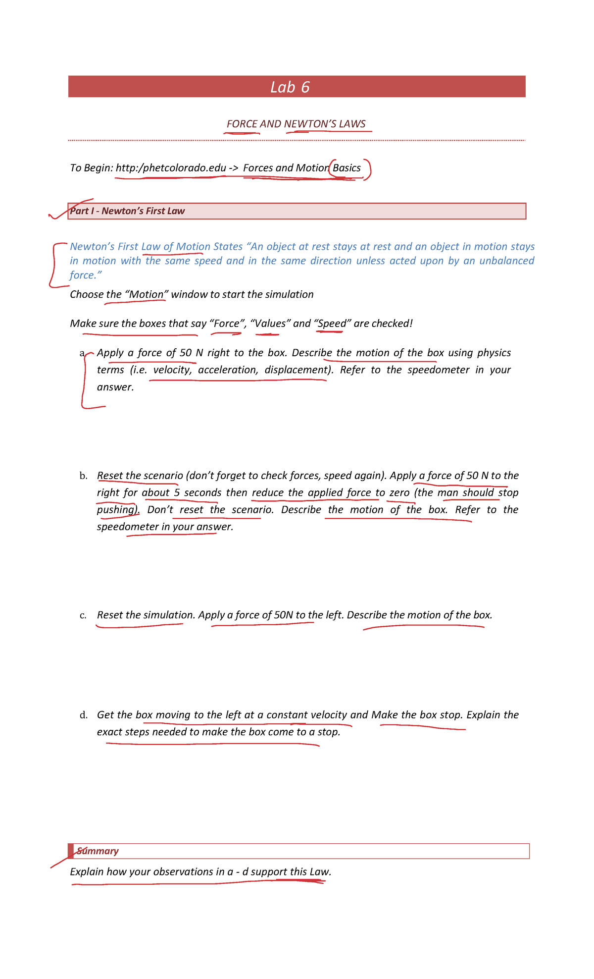 Lab 6 Force and Newton's Laws - Part I - Newton’s First Law Summary Lab 6 FORCE AND NEWTON’S ...