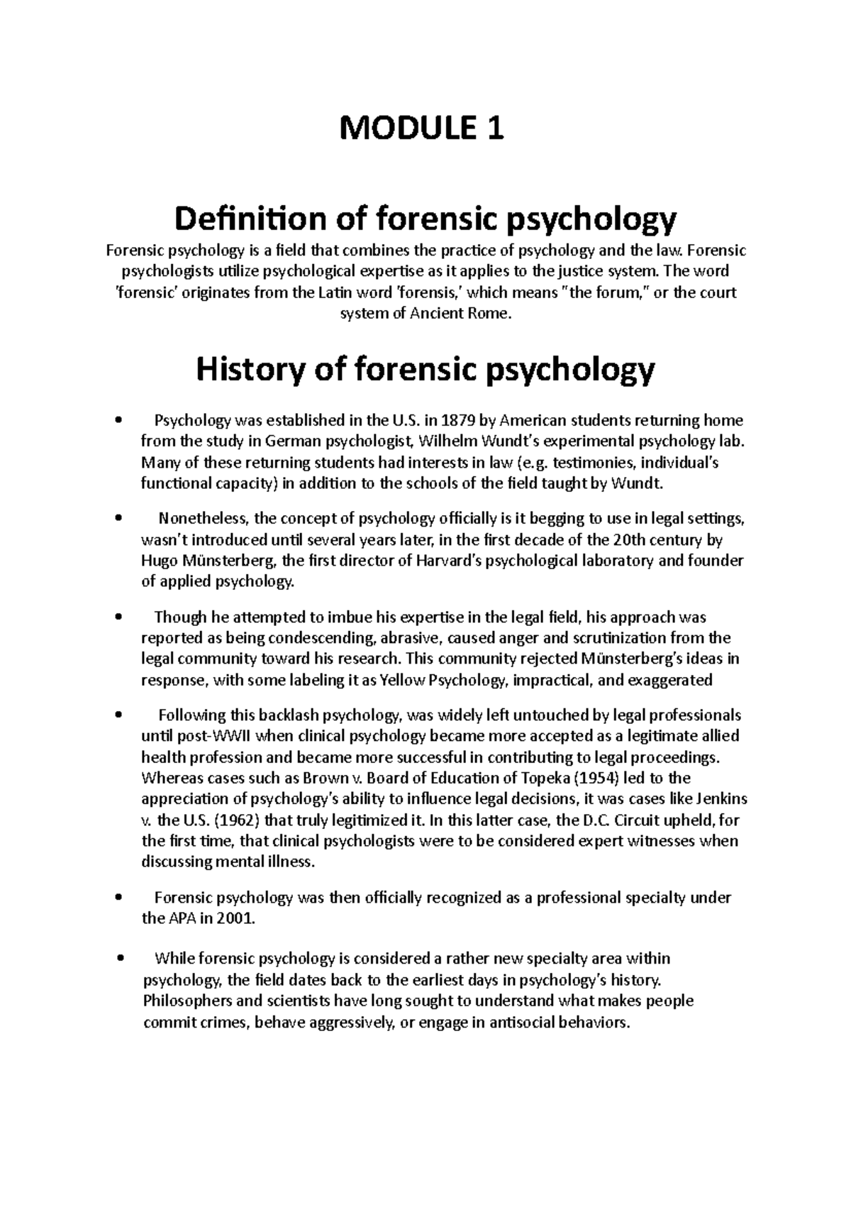 Module 1 Forensic - notes - MODULE 1 Definition of forensic psychology ...