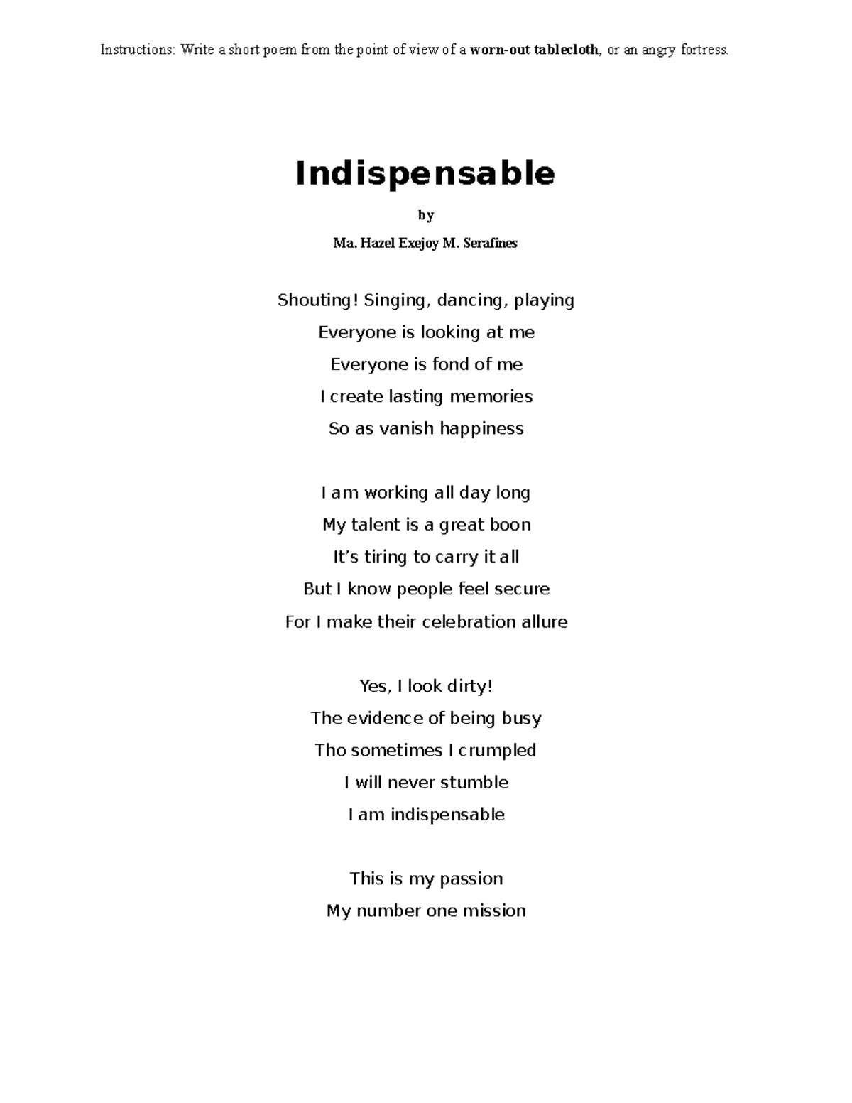 A poem about worn out tablecloth - Instructions: Write a short poem ...