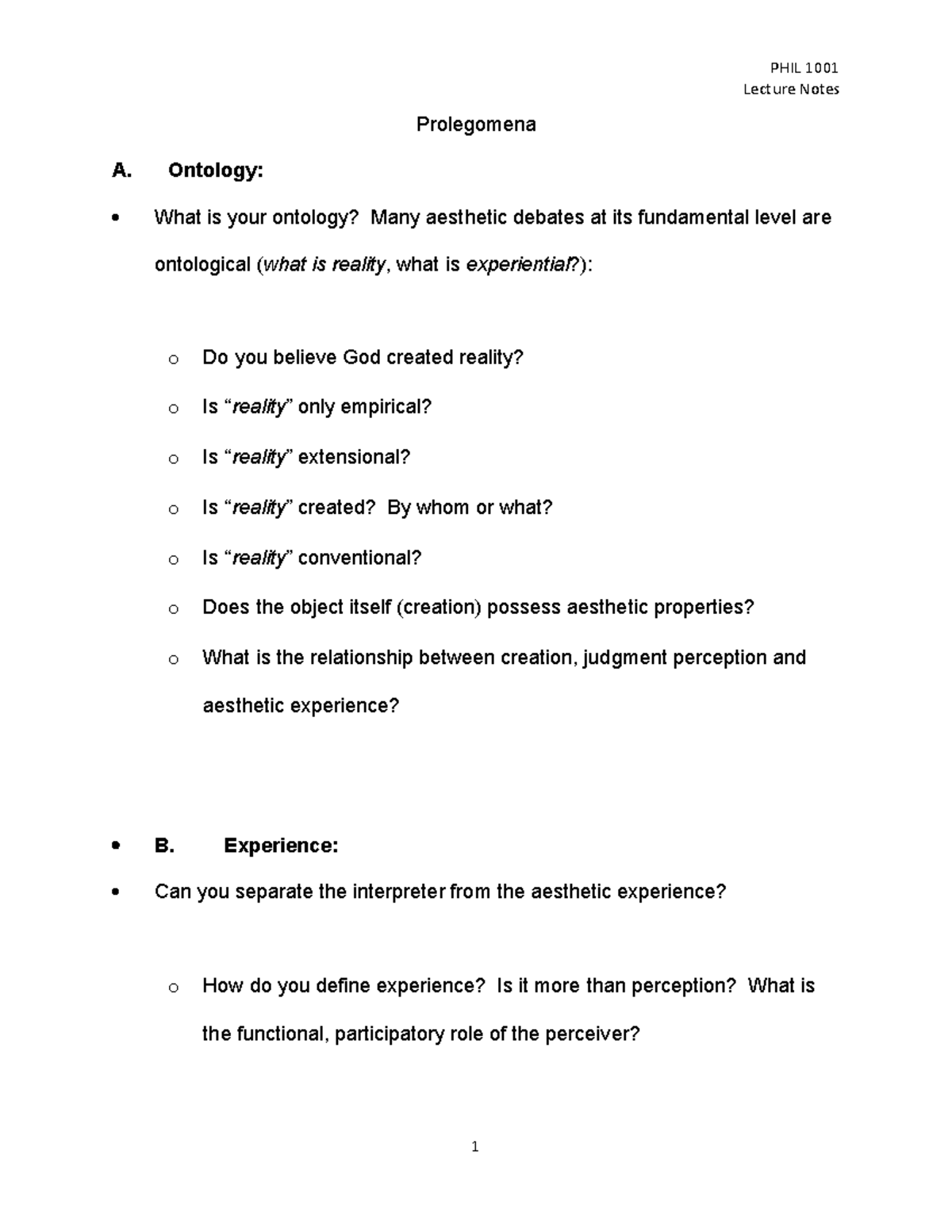 2021 PHIL 1001 Philosophy Lecture Notes Prolegomena 12A - Prolegomena A ...