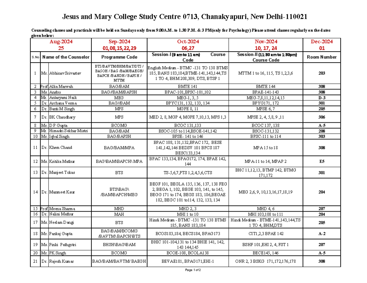Revised time table Ignou 0713 Aug to Dec 2024 up 10oct 24 - Sep-2024 ...