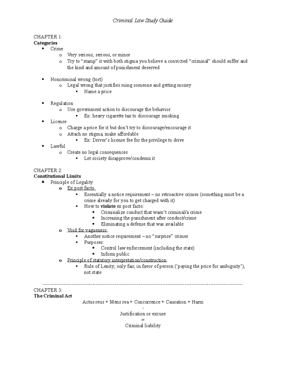 Criminal Law Study Guide - CHAPTER 1: Categories Crime o Very serious ...