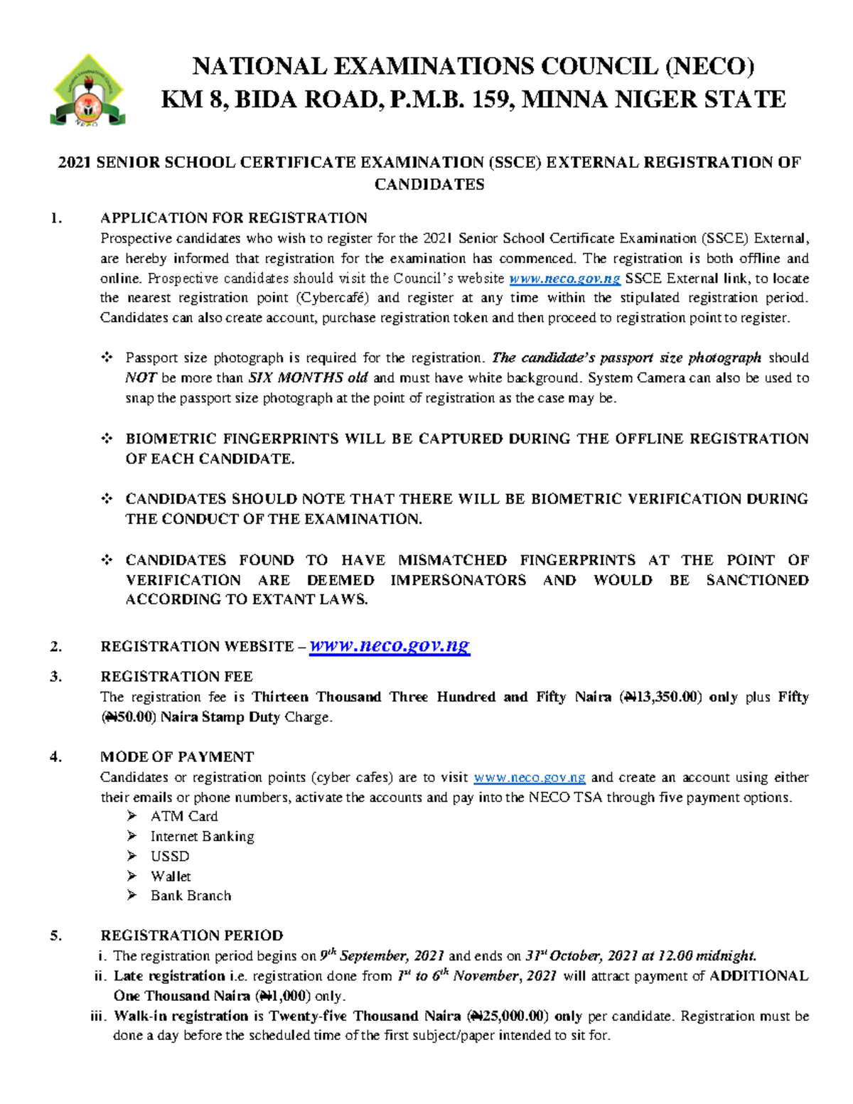 2021 SSCE External Registration Guideline Advert - NATIONAL ...