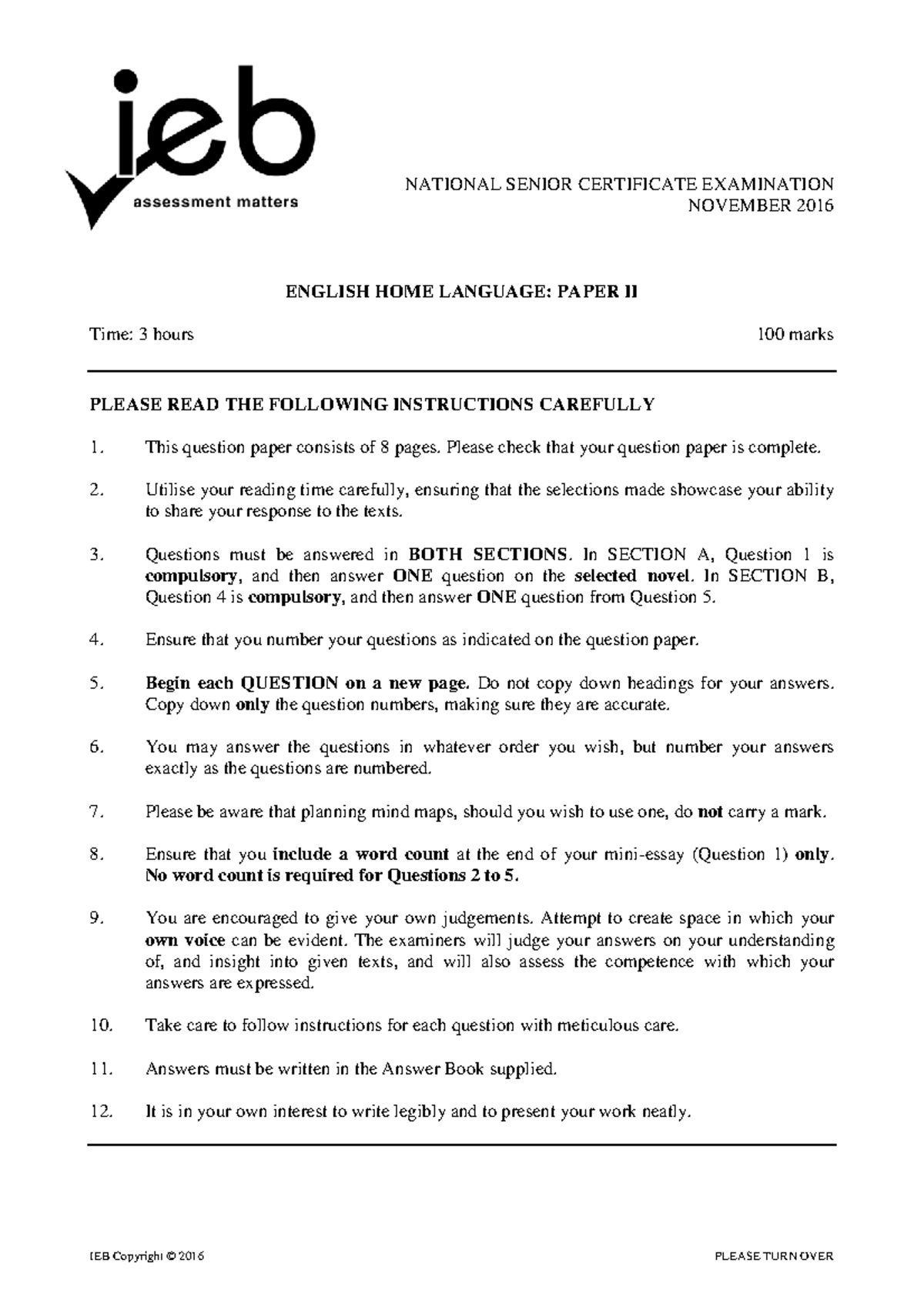 English hl (home language) ieb nsc grade 12 past exam paper 2016 p2 ...