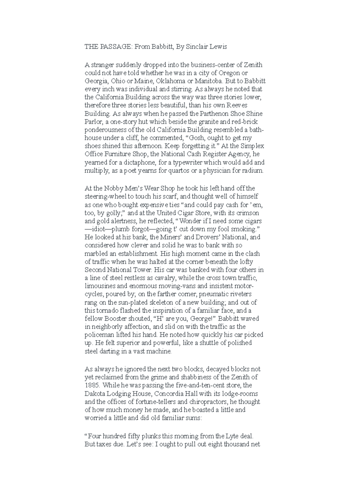 Unseen - THE PASSAGE: From Babbitt, By Sinclair Lewis A stranger ...