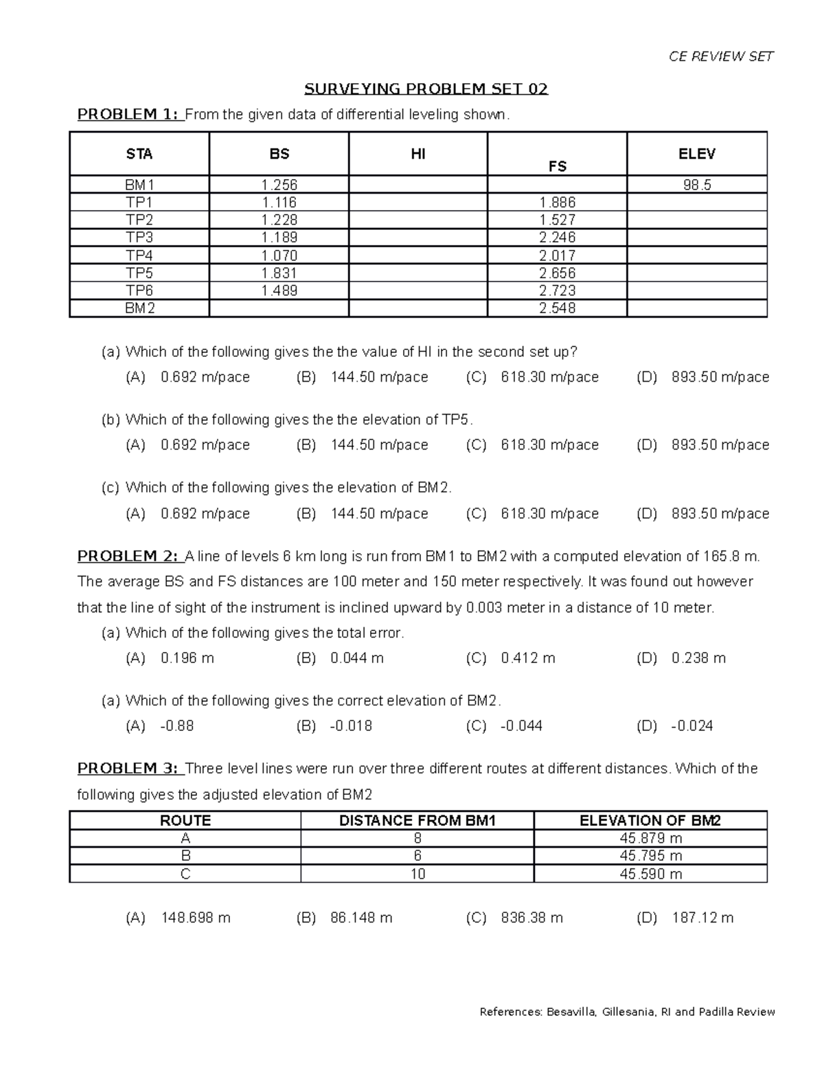 Fundamentals of Surveying Problem Set 02 - CE REVIEW SET SURVEYING PROBLEM SET 02 PROBLEM 1 ...