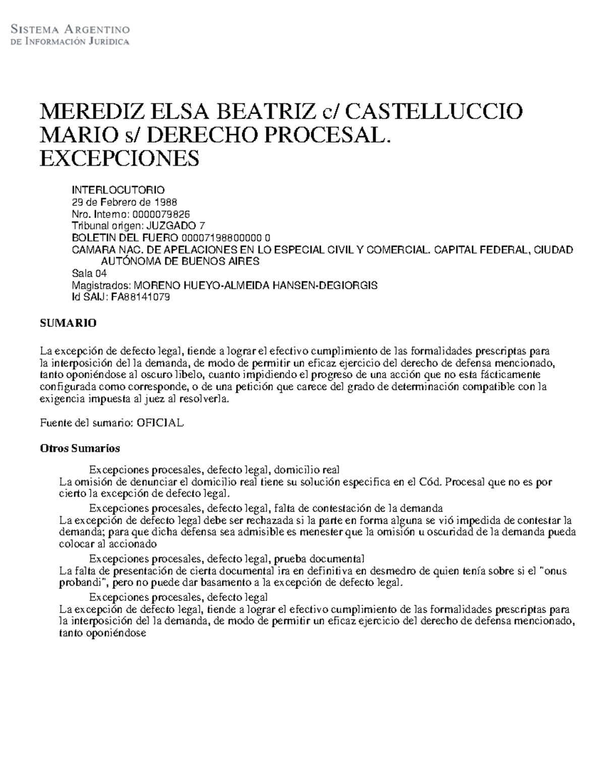 Merediz ELSA Beatriz c Castelluccio Mario s Derecho Procesal ...