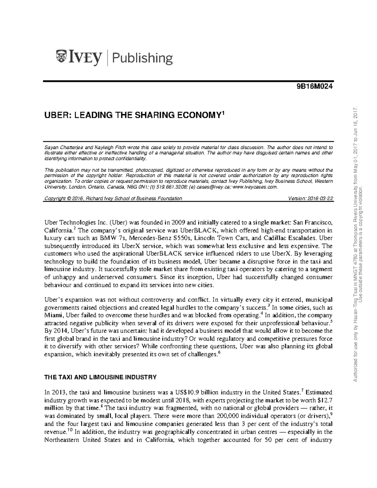 UBER - Case study - 9B16M UBER: LEADING THE SHARING ECONOMY 1 Sayan ...