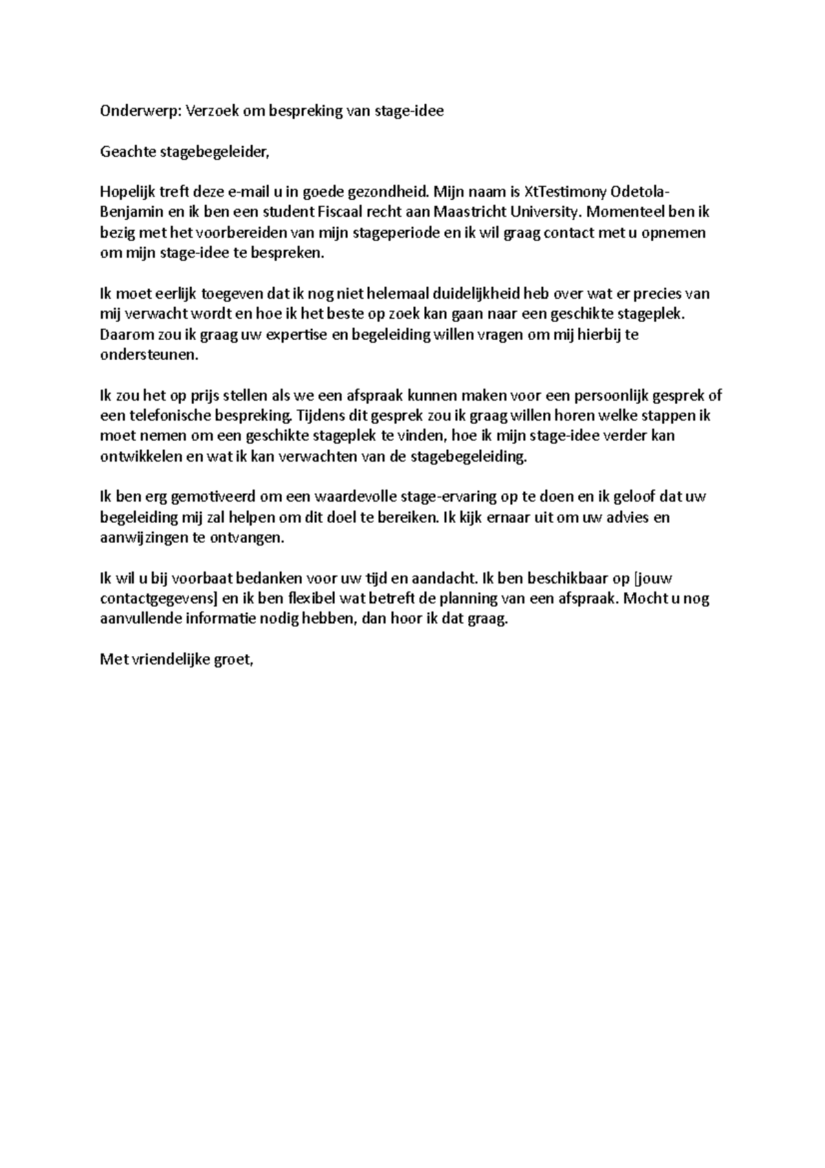 LPO 4 Stagebrief - Onderwerp: Verzoek om bespreking van stage-idee ...